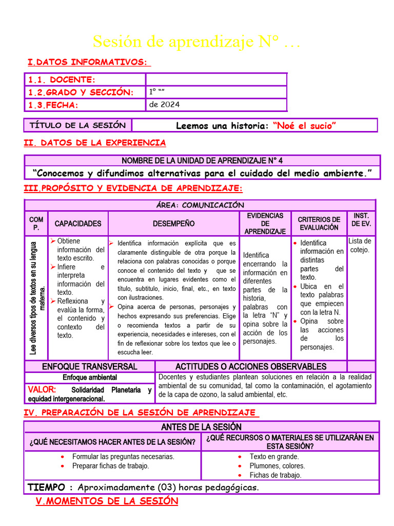 Sesión Leemos Juntos-Noé El Sucio-Maestra Janet | PDF | Aprendizaje