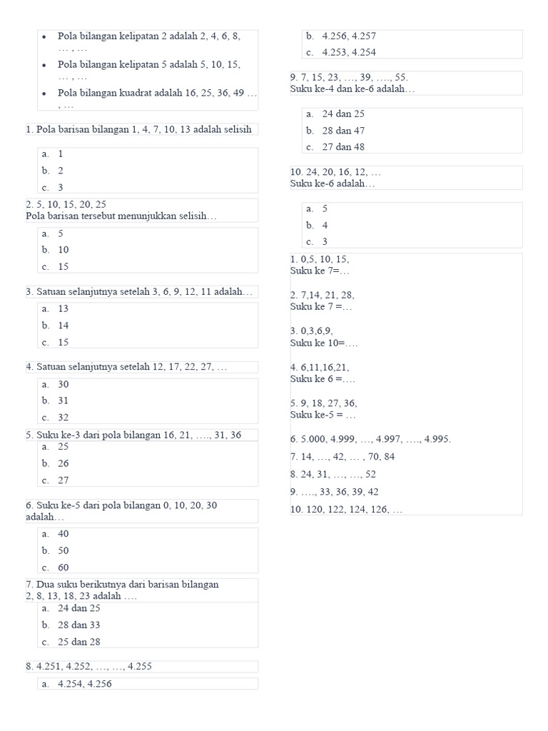 Soal Pola Bilangan Kelas 4 | PDF