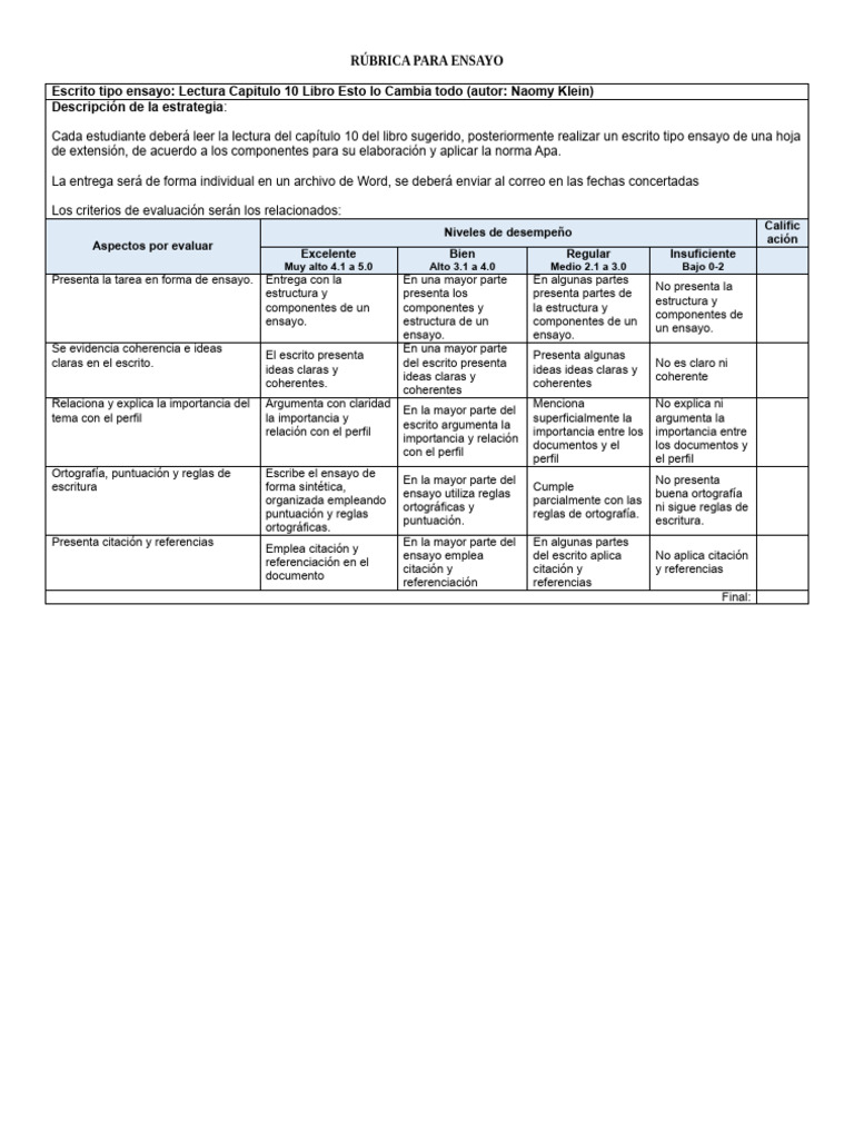 Rúbrica Ensayo | PDF | Ensayos | Escritura