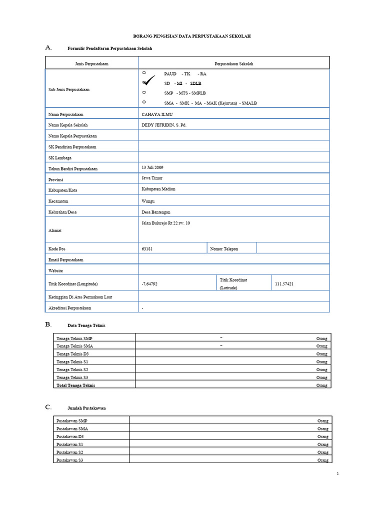 Borang Pengisian Data Perpustakaan Sekolah | PDF