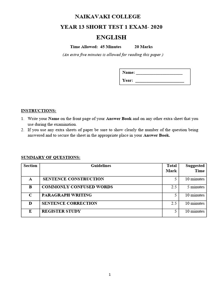 Year 13 English Short Test 2020 | PDF | Arthur Conan Doyle | Linguistics