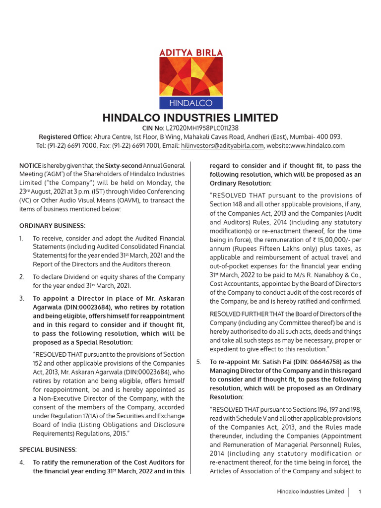 Hindalco Notice 62nd Agm 2020 21 | PDF | Dividend | Stocks