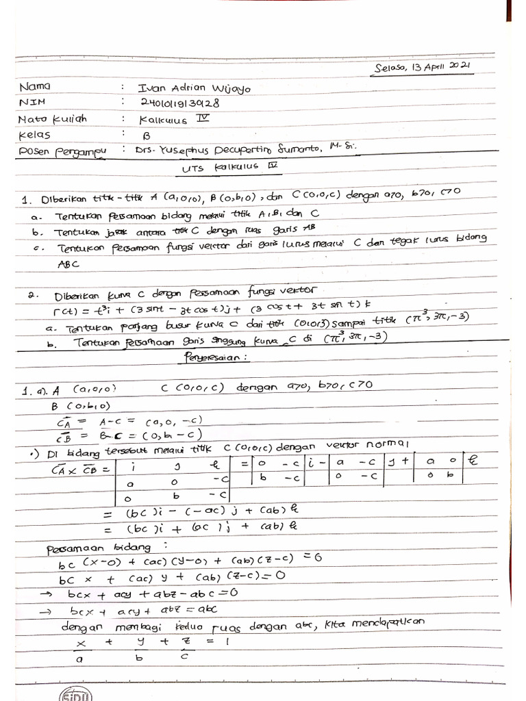Ivan Adrian Wijaya - 24010119130128 - UTS Kalkulus IV | PDF