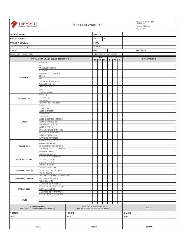 TG-SIG-RE-113 Check List Volquete Ver. 00 | PDF | Vehículos con tracción trasera | Estilos de ...