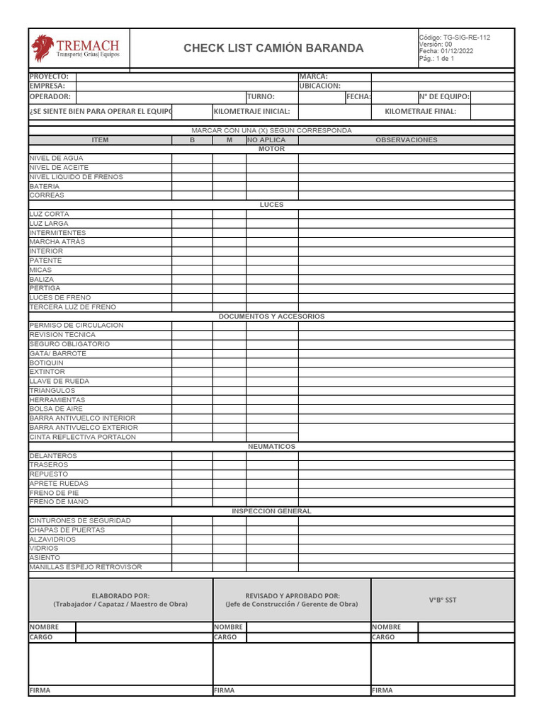 TG-SIG-RE-112 Check List Camion Baranda Ver. 00 | PDF | Vehículo de motor | Carros deportivos