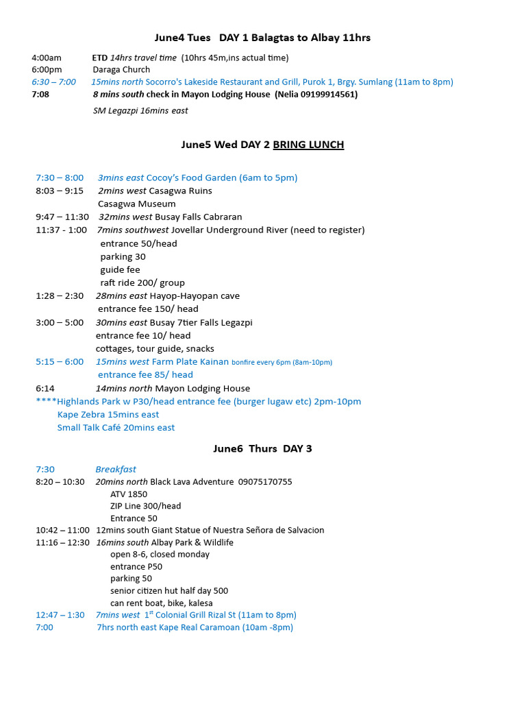 Adventure Itinerary for Travelers | PDF | Cooking, Food & Wine