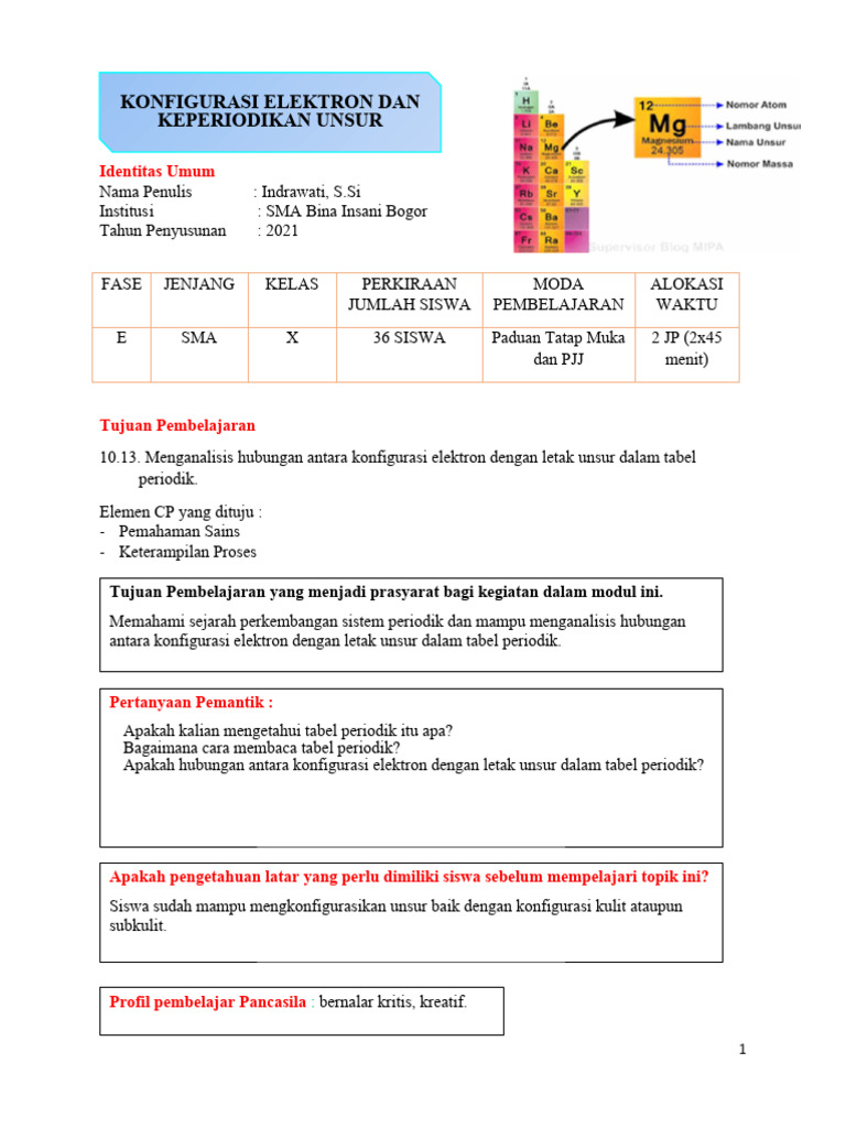 Konfigurasi Elektron Dan Sifat Keperiodikan SPU | PDF
