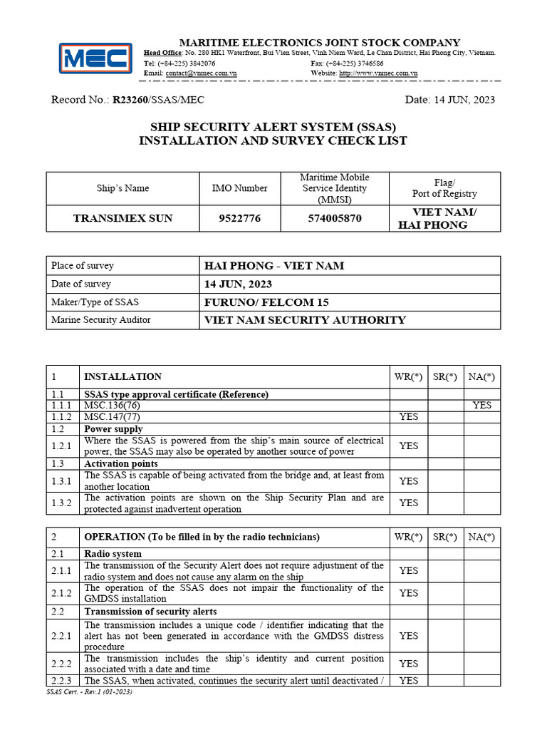 SSAS CERTIFICATE - Rev.1 (01.2023) | PDF | Telecommunications