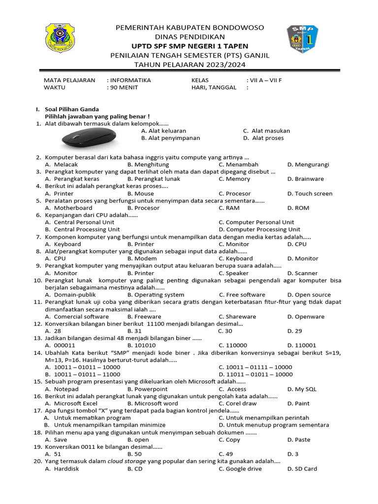 Soal Informatika 7 PTS Ganjil 2324 | PDF