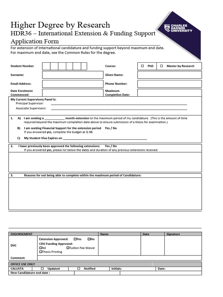 HDR36 InternationalExtensionRequestForm | PDF | Thesis | Doctor Of Philosophy