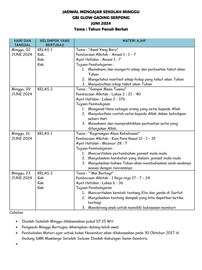 Jadwal Mengajar Sekolah Minggu 2018 | PDF