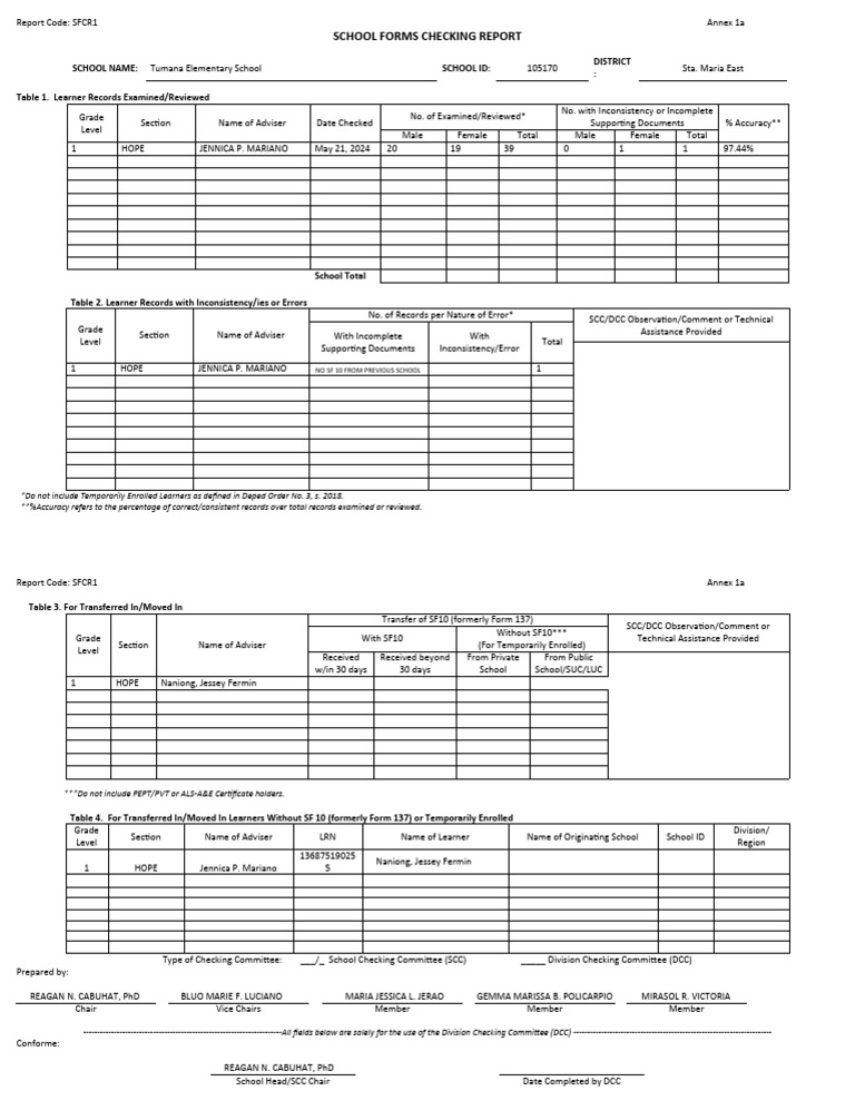Annex 1a - School Forms Checking Report | PDF