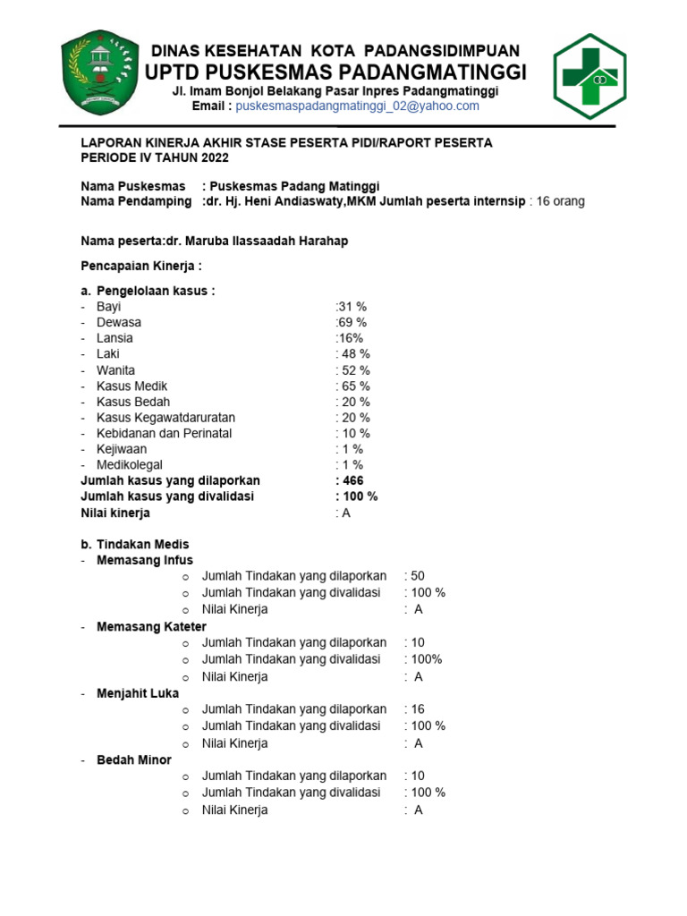 Laporan Kinerja Akhir Stase PKM Padangmatinggi | PDF