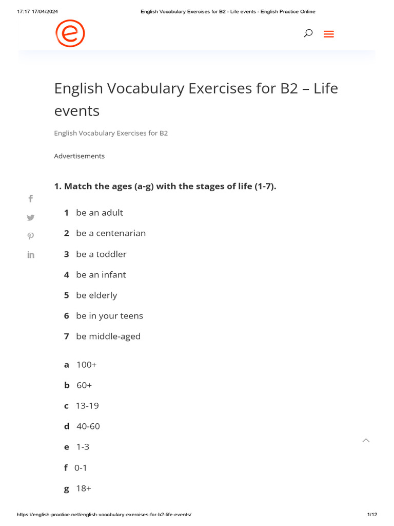 English Vocabulary Exercises for B2 - Life events - English Practice ...