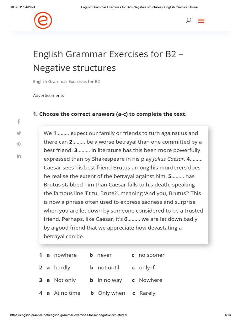 English Grammar Exercises For B2 - Negative Structures - English Practice Online | PDF | English ...