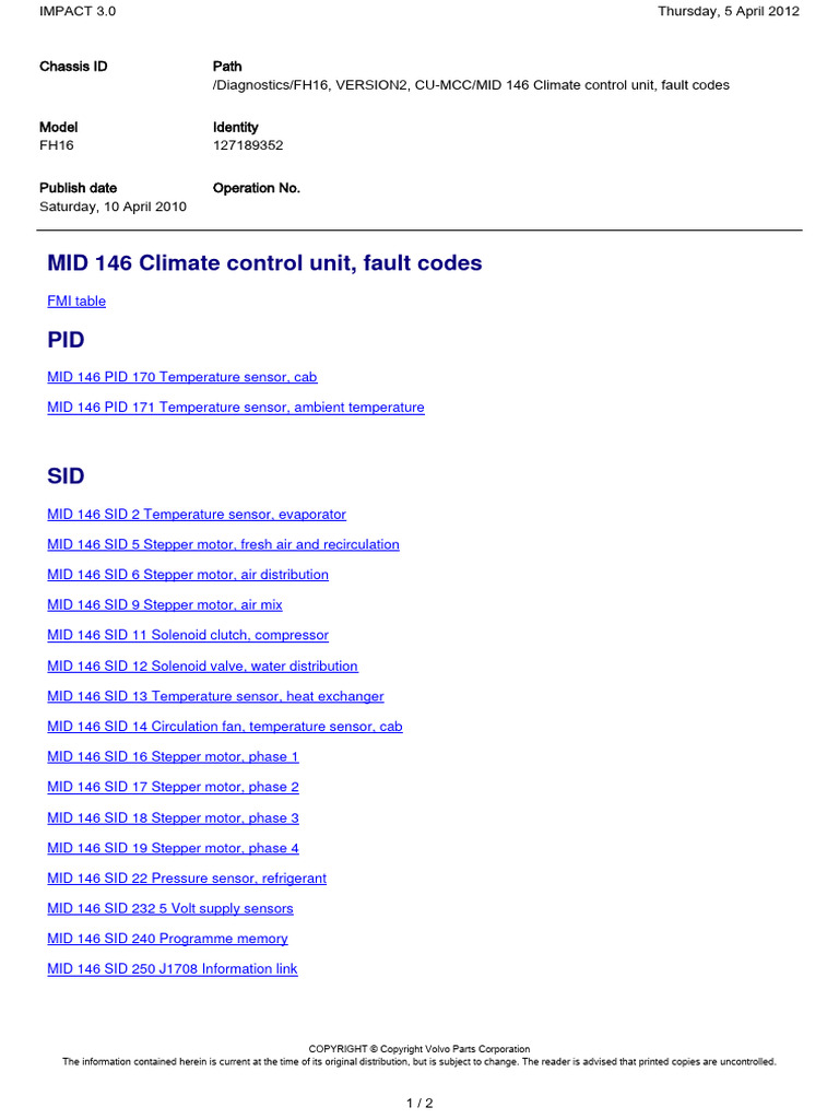 MID 146 Climate Control Unit Fault Code | PDF | Temperature ...
