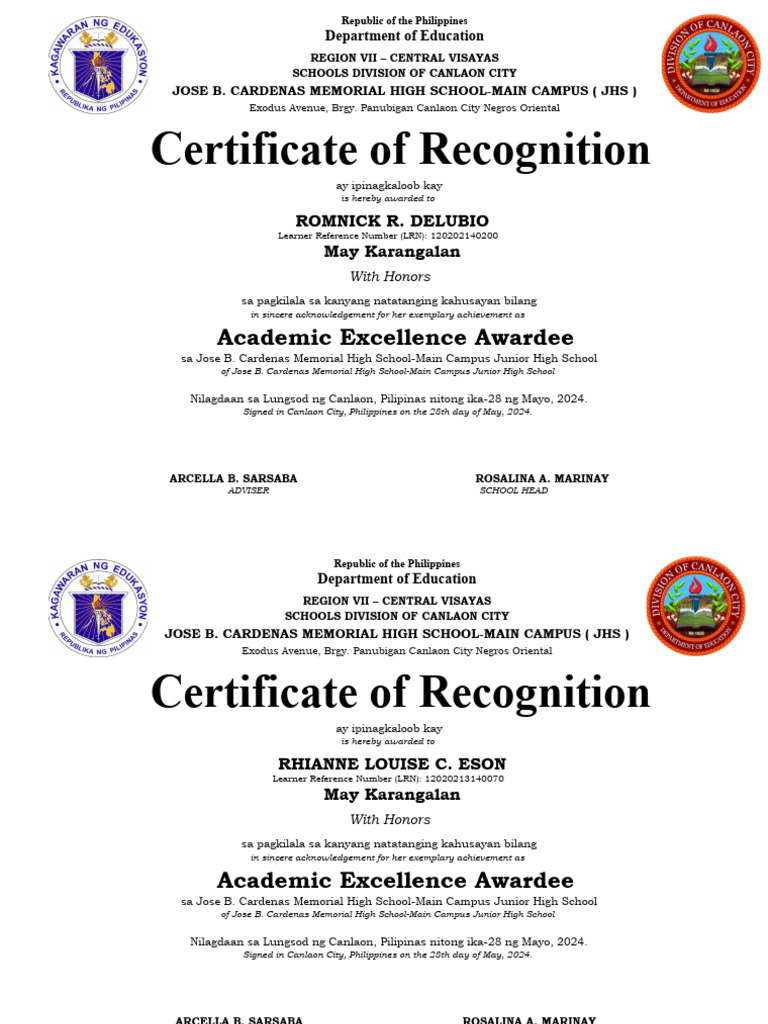 DepEd Certificate Recognition-FINAL-SARSABA | PDF