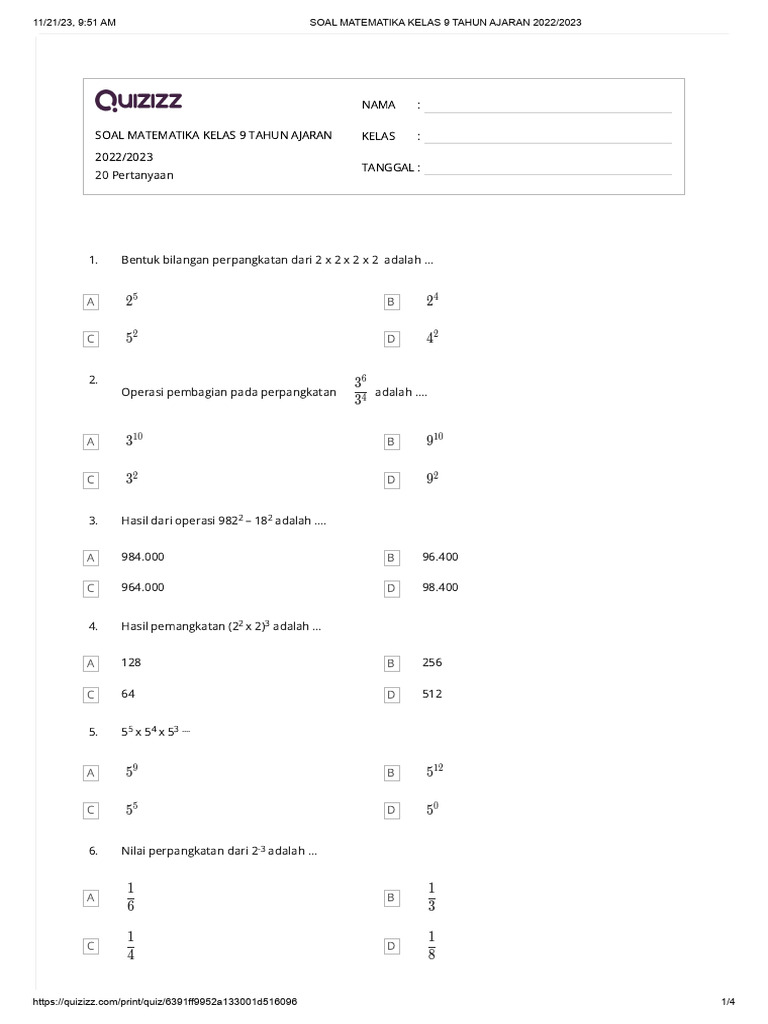 Soal Matematika Kelas 9 Tahun Ajaran 2022 - 2023 | PDF