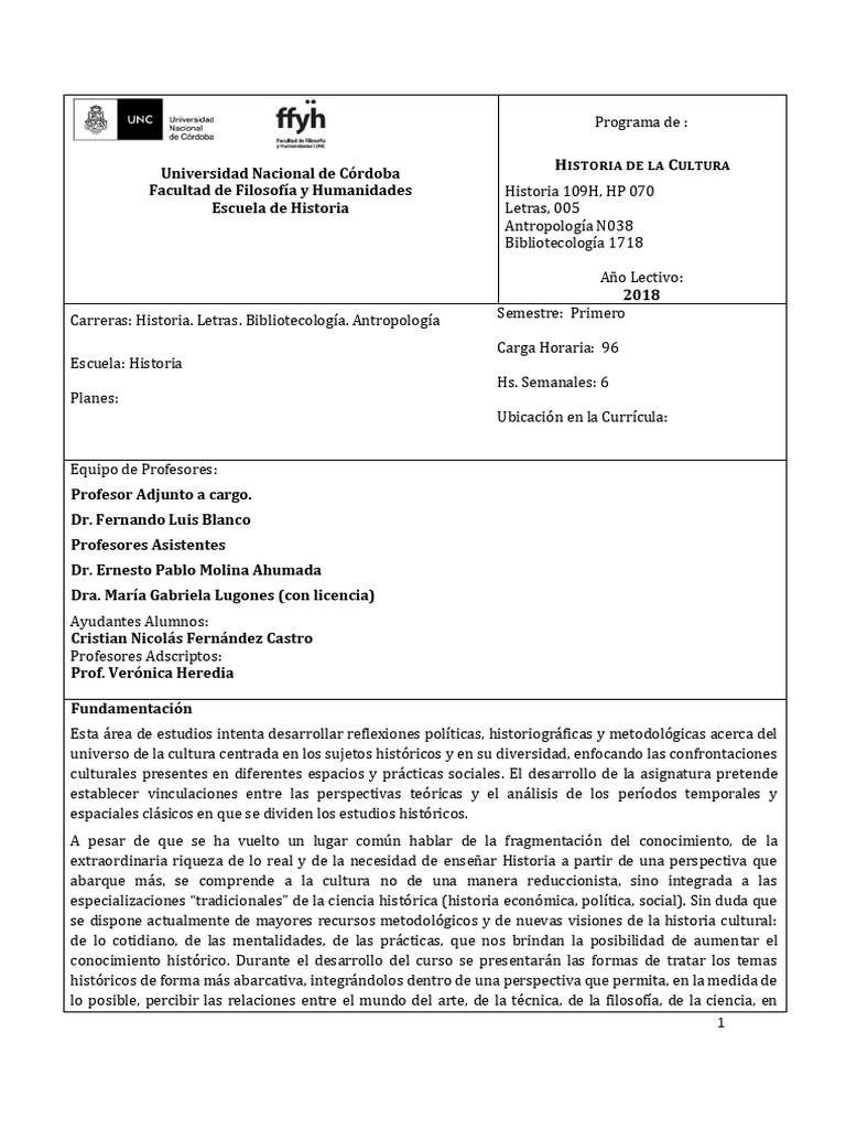 2018 Programa Historia de La Cultura | PDF | Conocimiento | Historiografía