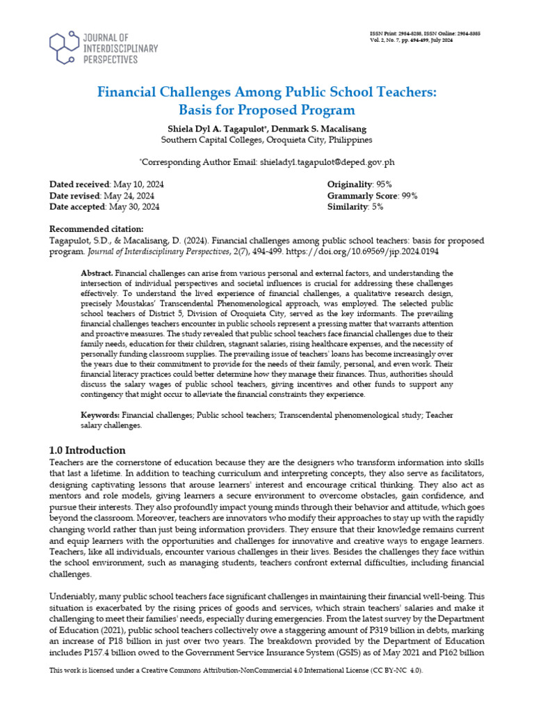Financial Challenges of Public School Teachers | PDF | Cost Of Living ...