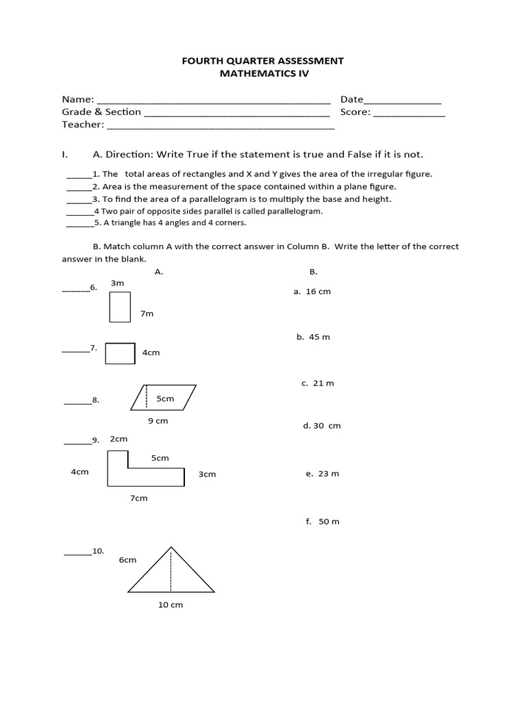 Math Qaurterly Assessment | PDF | Area | Triangle