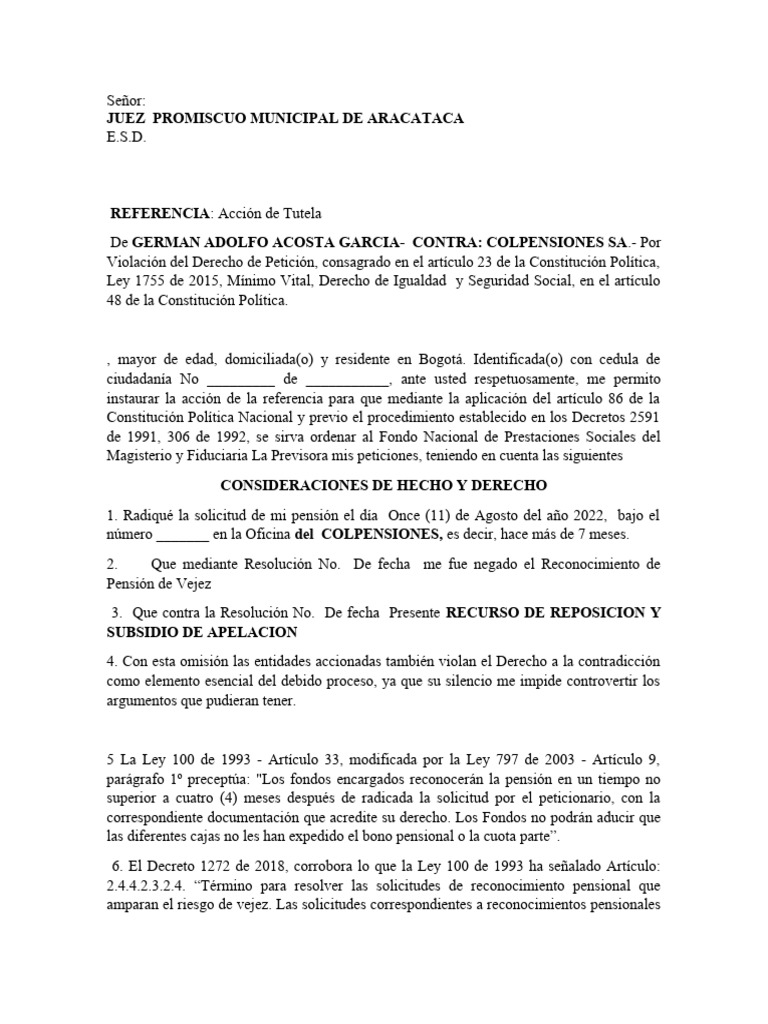 Accion de Tutela Contra Colpensiones | PDF | Pensión | Salario