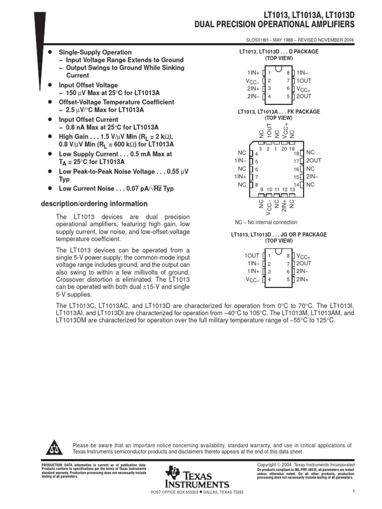 LT1013A Datasheet | PDF | Amplifier | Power Supply