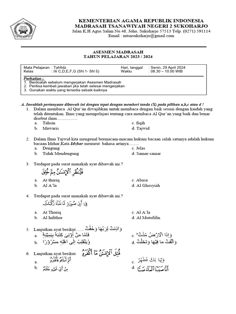 Soal UM Tahfidz 9 SN 1-5 | PDF
