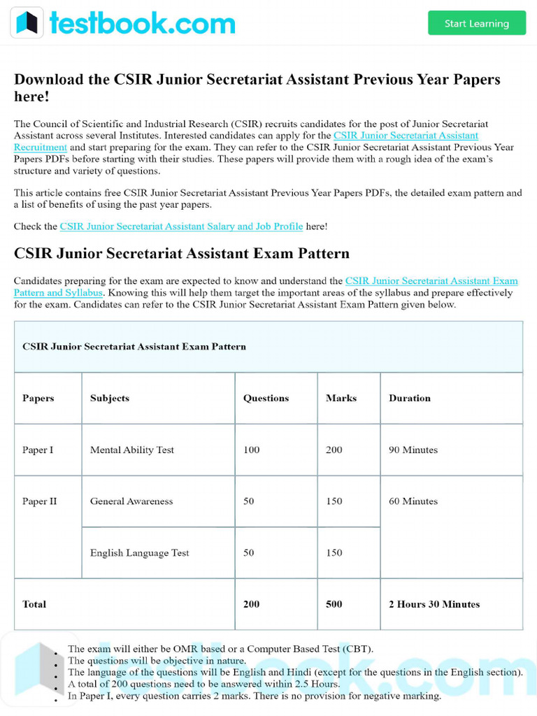 The CSIR Junior Secretariat Assistant Previous Year Papers Here! | PDF