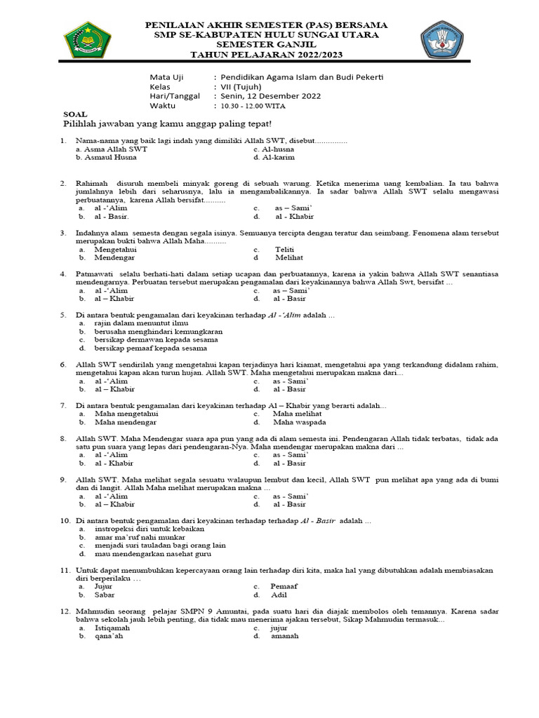 Soal Pai SMP Kelas 7, 8, Dan 9 SMT 1 2022 2023 | PDF