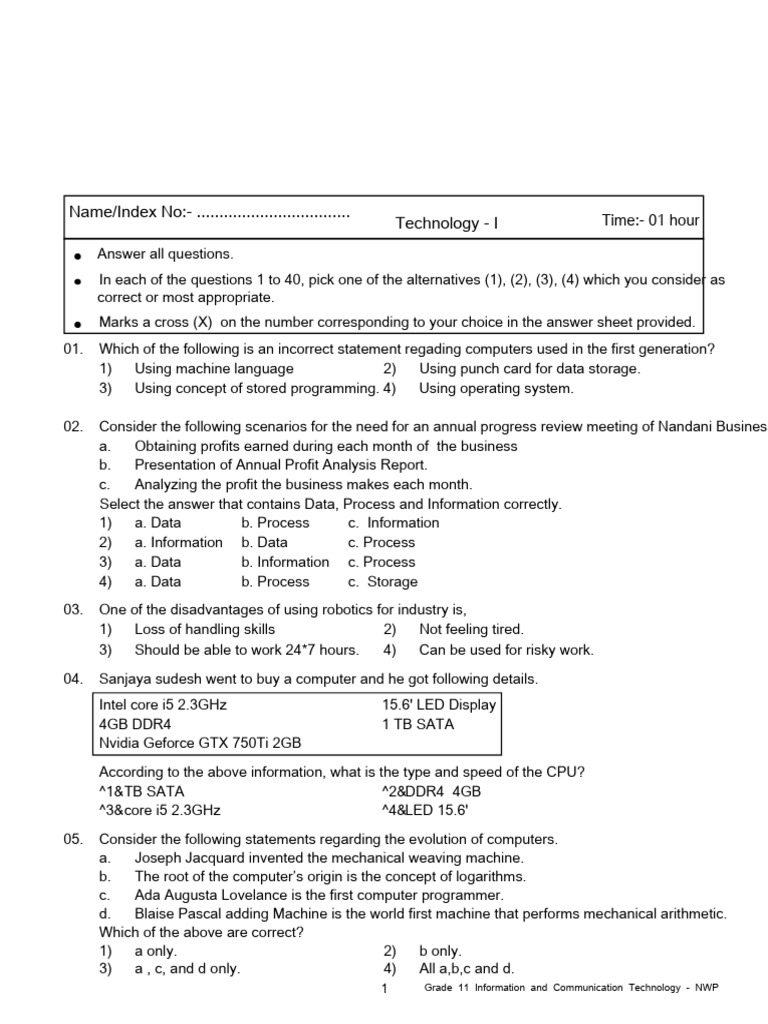 Grade 11 ICT 1st Term Test Paper 2020 English Medium - North Western ... Grade 11 ICT 1st Term Test Paper 2020 English Medium - North Western ...
