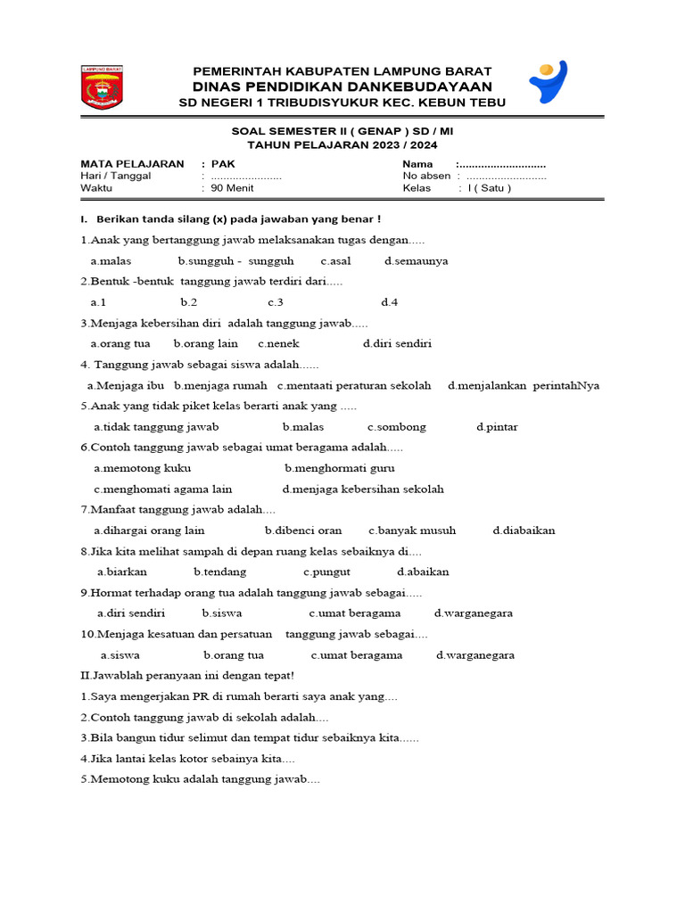 Soal Bu Dewi KLS I SMSTR 2 Soal Pak | PDF