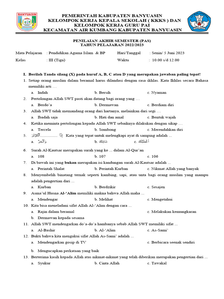 Soal Pas Pai Kelas Iii K13 | PDF