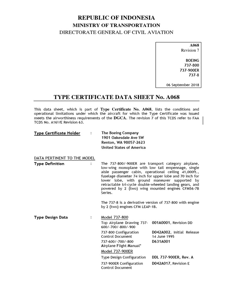 Boeing 737 Type Certificate Data Sheet A068 | PDF | Aviation | Transport
