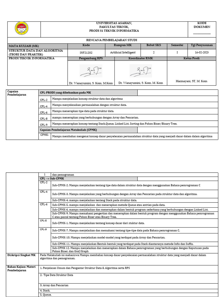 RPS Struktur Data Dan Algoritma - KKNI - 2024 | PDF