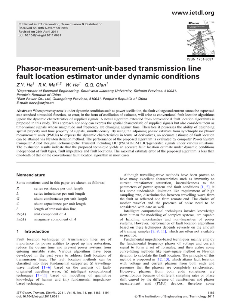 Phasor Measurement Unit Based Transmission Line Fault Location Estimator Under Dynamic