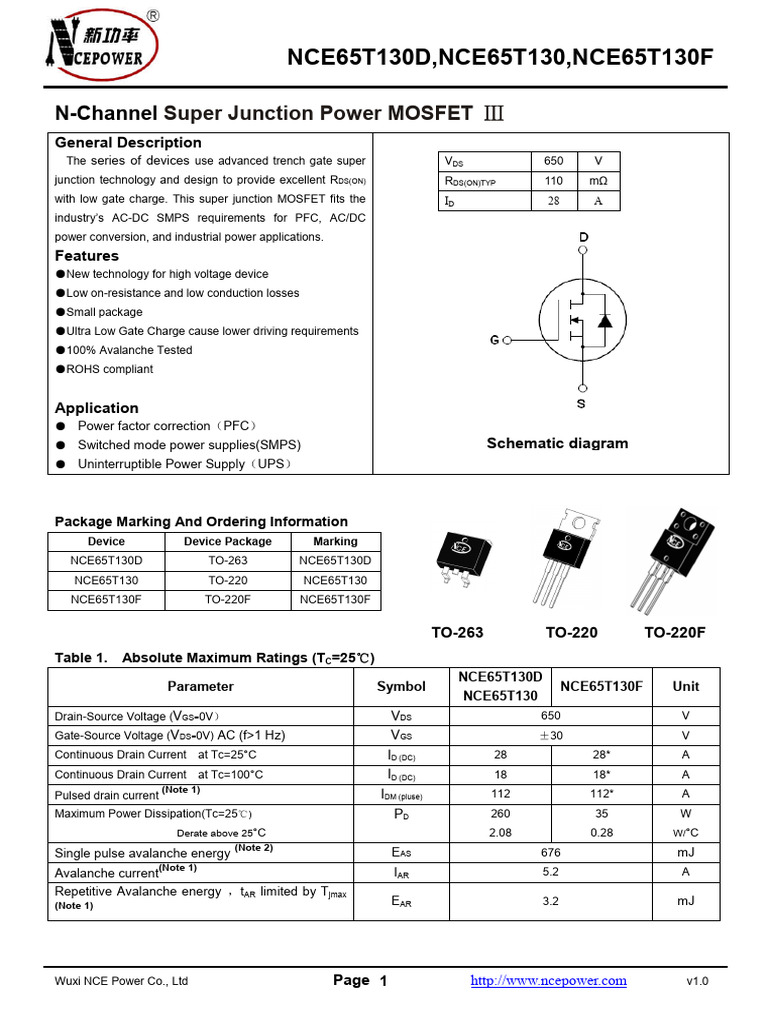 Datashet Mosfet Nce65t130d - Nce65t130 - Nce65t130f | PDF | Field ...