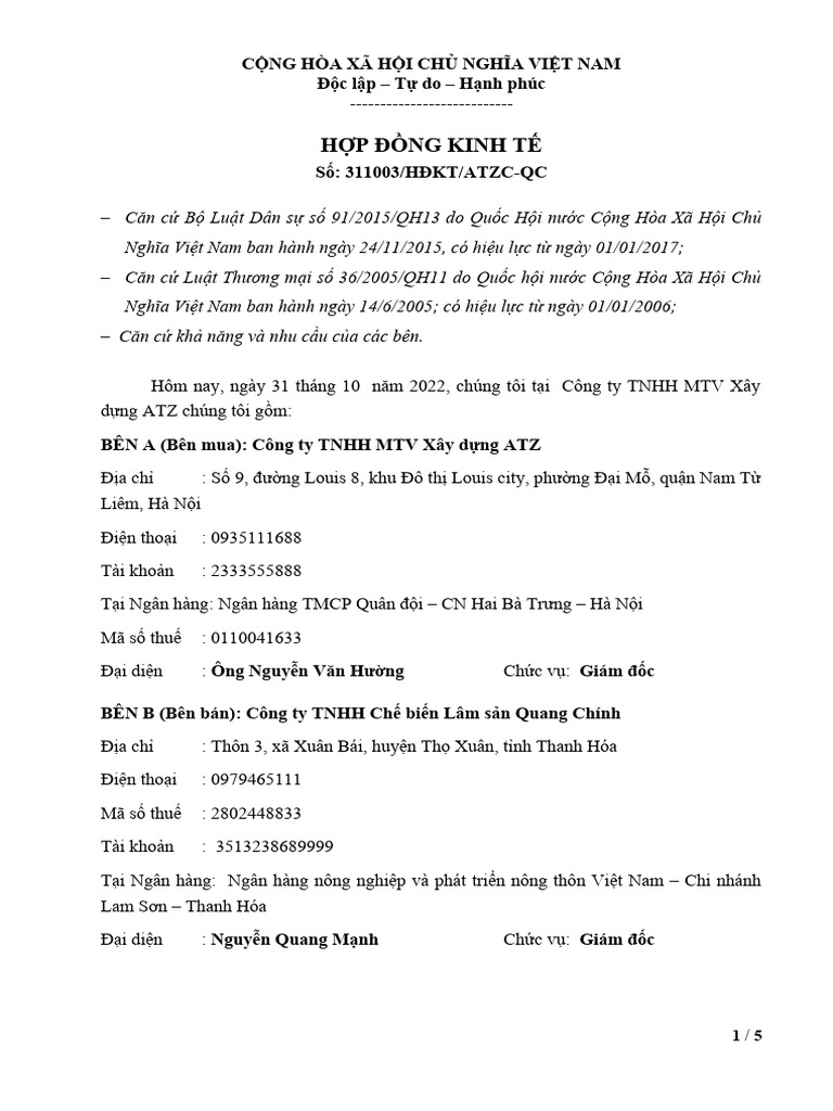 Hợp Đồng Kinh Tế: Cộng Hòa Xã Hội Chủ Nghĩa Việt Nam Độc lập - Tự do - Hạnh phúc | PDF