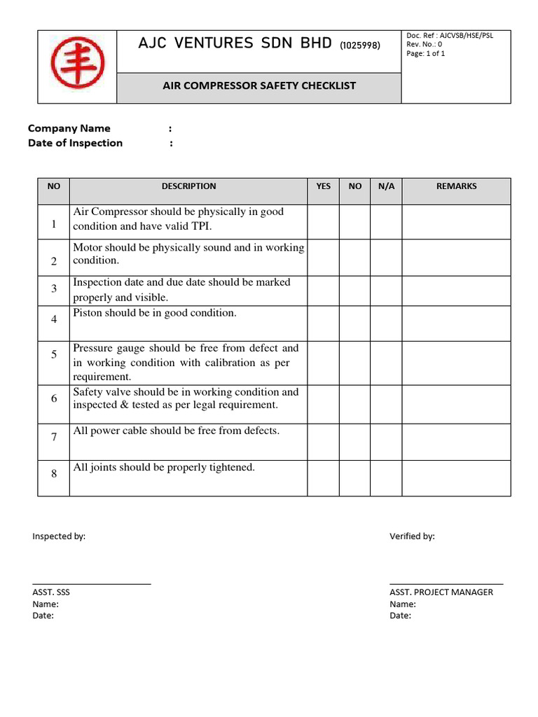 Air Compressor Machine Checklist | PDF