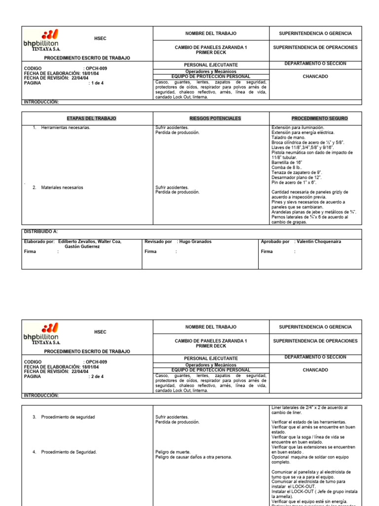 Cambio de Paneles Zaranda 1 | PDF