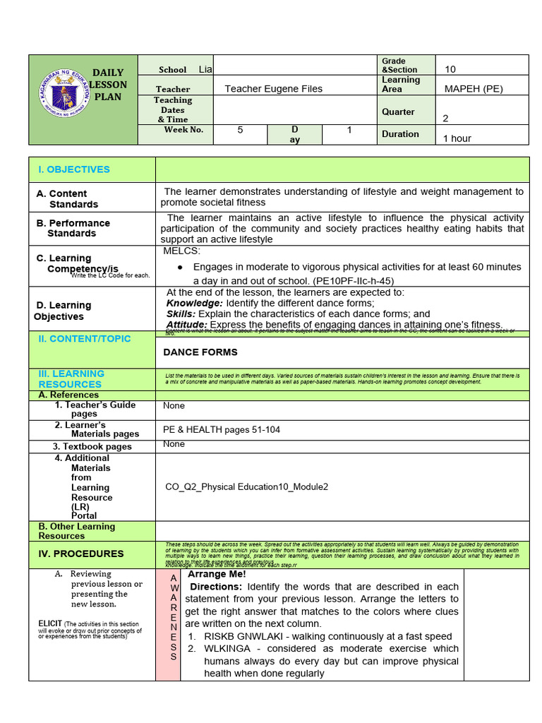 Q2-Cot-Lp - Pe10 (Dance Forms) | PDF | Learning | Physical Education