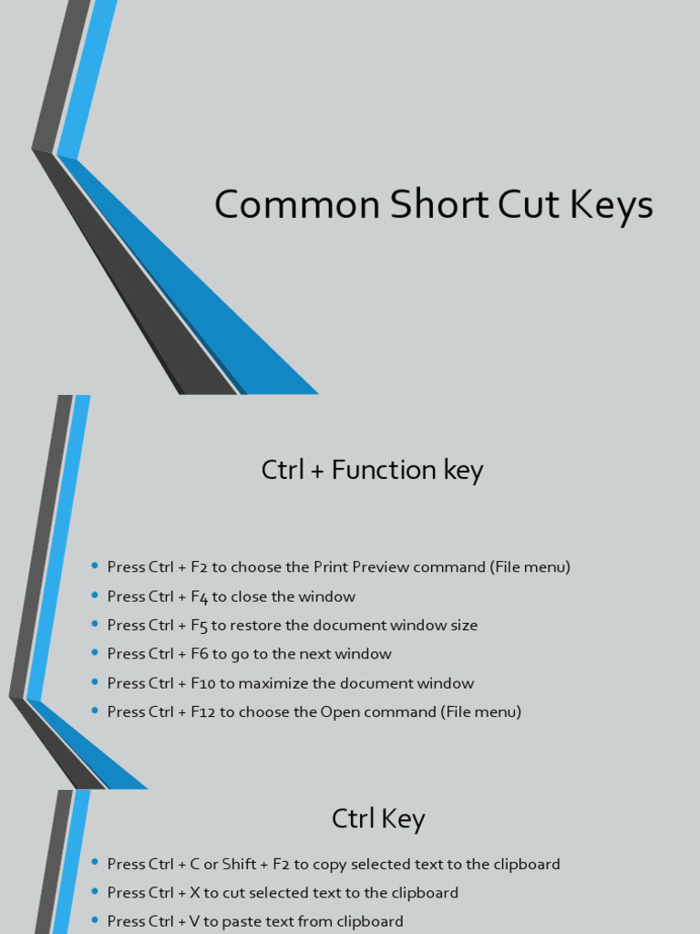 Common Short Cut Keys | PDF | Control Key | Computing
