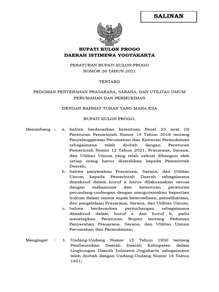 Perbup Kulon Progo No 26 Tahun 2021 | PDF | Griya & Taman Perbup Kulon Progo No 26 Tahun 2021 | PDF | Griya & Taman