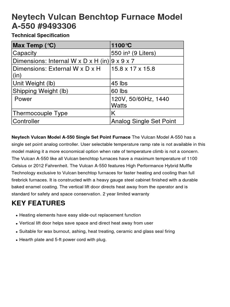 Neytech Vulcan Benchtop Furnace Model A-550 #9493306 - Technical - Specification | PDF | Home ...