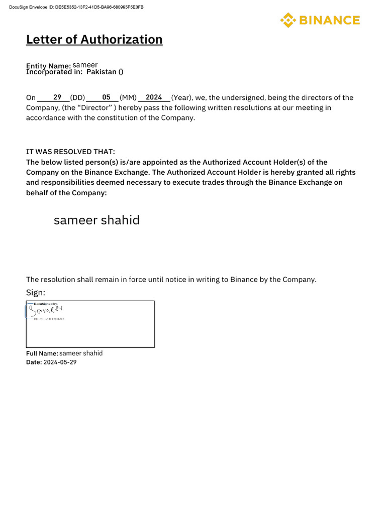 Please DocuSign: Letter of Authorization of Sameer 2 | PDF