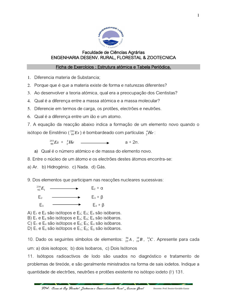 Ficha de Exercicios QG 2022 | PDF | Átomos | Tabela periódica