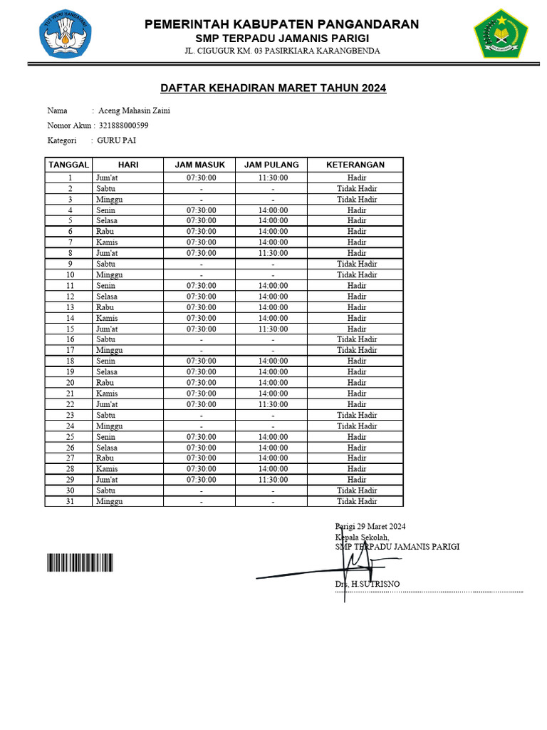 DRAF - KEHADIRAN - GURU - DAN - PENGAWAS KRN MRT | PDF