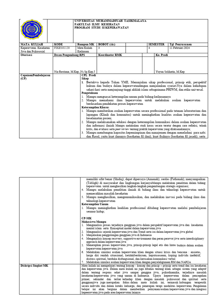 RPS Keperawatan Kesehatan Jiwa Dan Psikososial | PDF RPS Keperawatan Kesehatan Jiwa Dan Psikososial | PDF