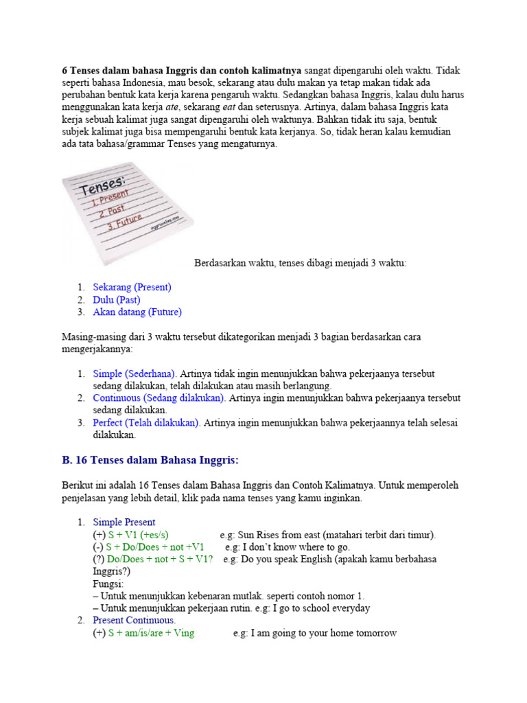 6 Tenses Dalam Bahasa Inggris Dan Contoh Kalimatnya Sangat Dipengaruhi Oleh Waktu | PDF