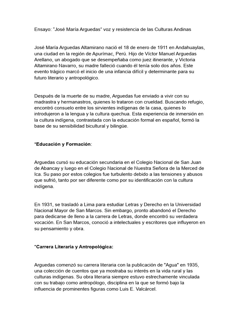 Ensayo José María Arguedas (Richard Smith Suarez Pariona) 5toa | PDF